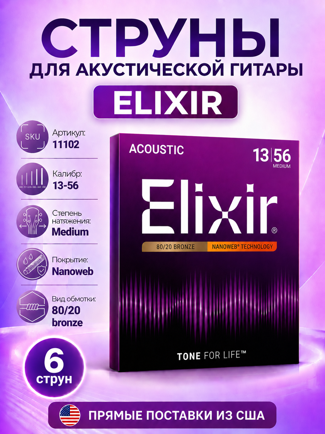 Струны для акустической гитары Elixir 11102 Medium Nanoweb 80/20 Bronze 13-56