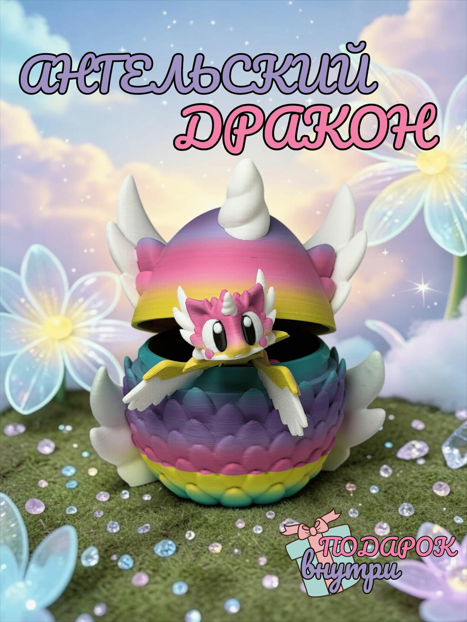 Ангельский дракон, 3d, PLA, 1шт, белый, розовый, желтый, зеленый