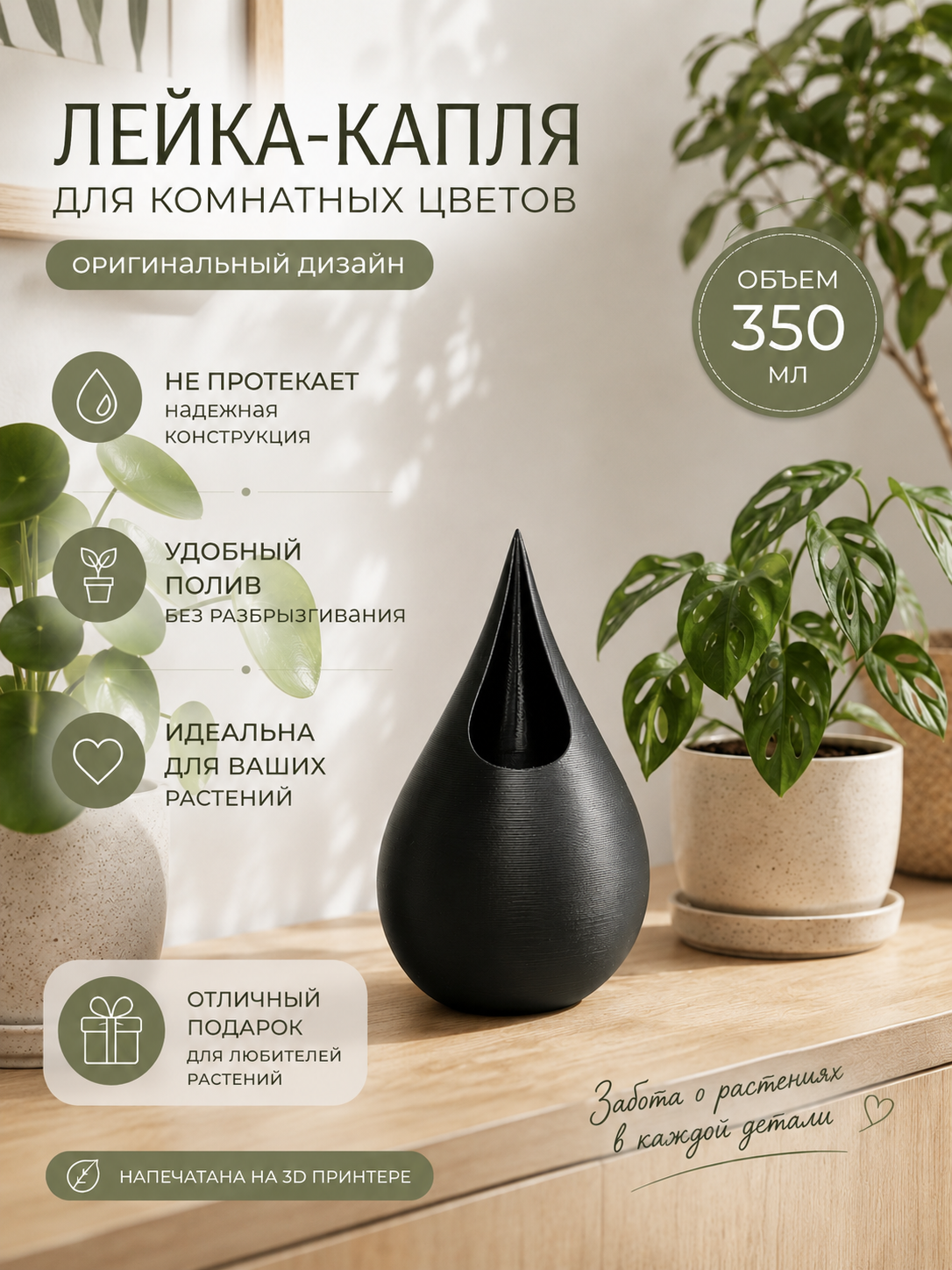 Лейка Капля ЭКО, авторская, для комнатных цветов, матовая, черный, пластик, 350мл