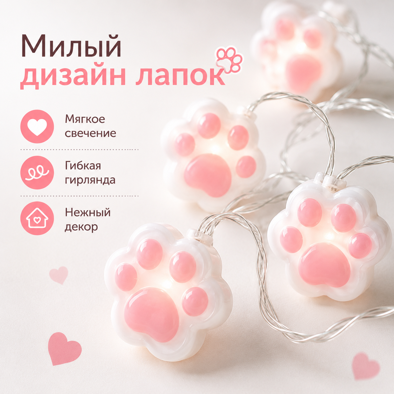 Гирлянда "Кошачьи лапки", LED, пластик, USB/батарейки АА, 1,5 м — фото 1