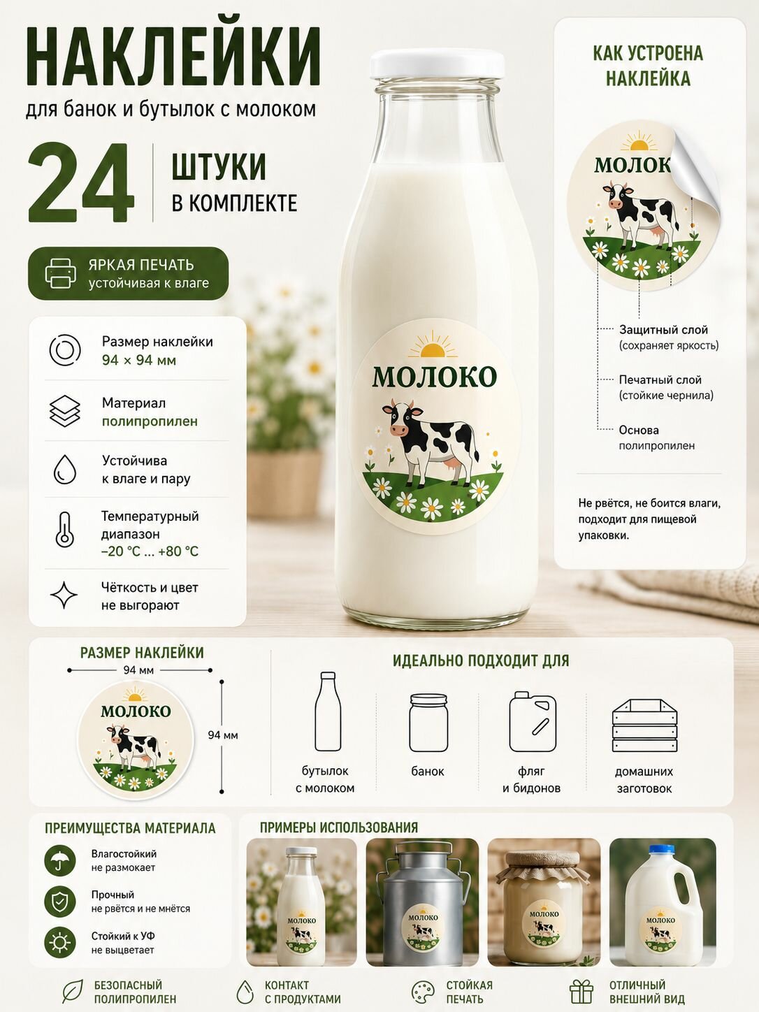 Самоклеящаяся этикетка для банки "Молоко", 94х94 мм, полипропилен, 24 штуки