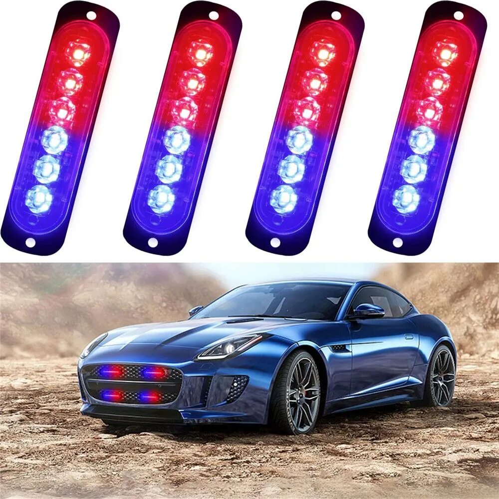 4 шт Светодиодный стробоскоп для авто 12w 11,2 см 12v-24v проблесковый маячок 8 режимов (Красный Синий)