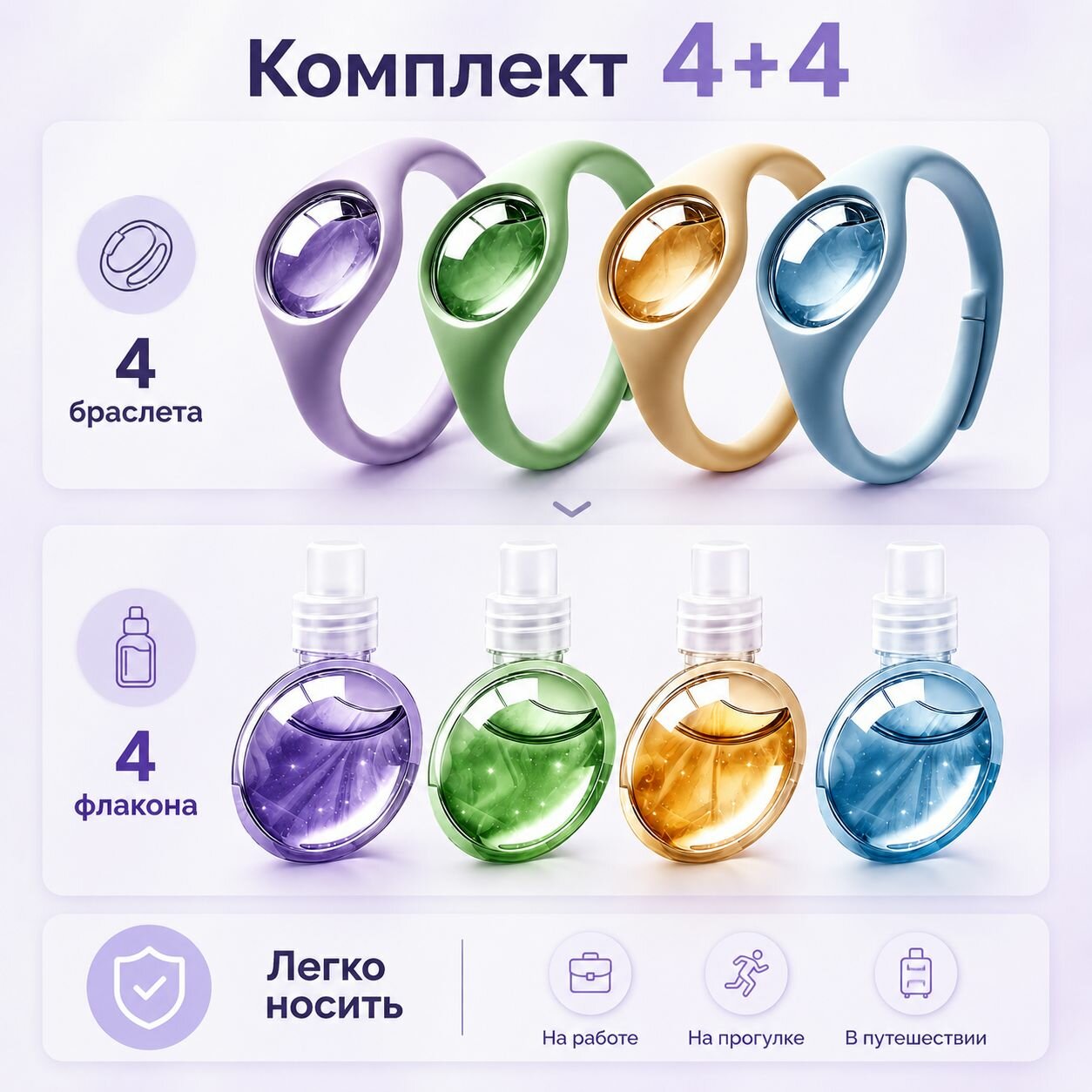 Ароматический браслет на руку, набор 8 предметов, 4 браслета и 4 сменных флакона, аксессуар для прогулок и путешествий