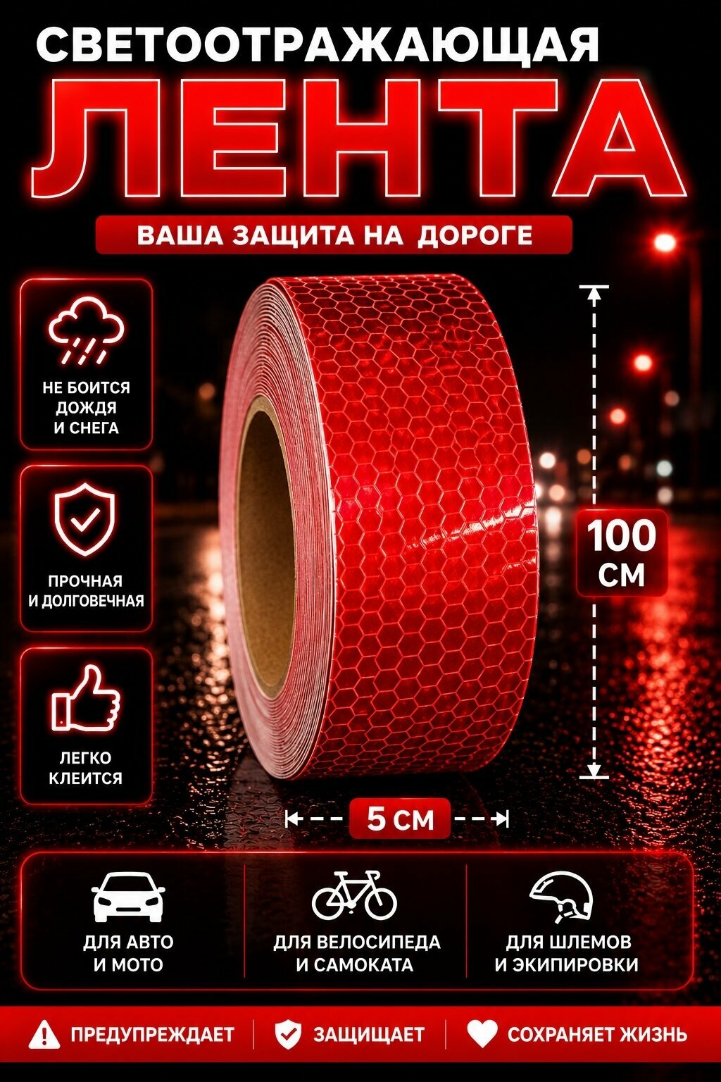 Светоотражающая самоклеющаяся лента VIL_SAN, глянцевая, матовая, 100 см, красная