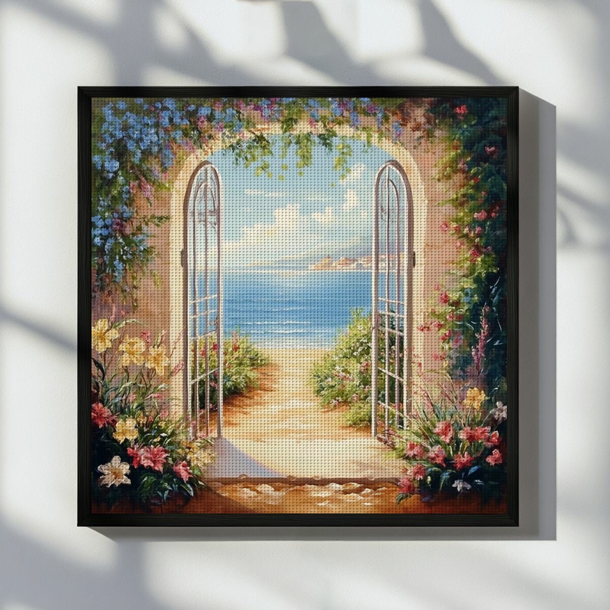 1 беспрамочный набор вышивки 11CT / 14CT, 40 * 40cm / 15.7 * 15.7in, с видом на море и свежими цветами, с до 26 цветов, включая иглы, нити, рисунки и холст