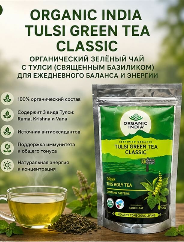 Organic India Tulsi Green Tea Classic 100 г индийский зелёный чай с тулси и базиликом, органический аюрведический чай, антиоксиданты и антистресс