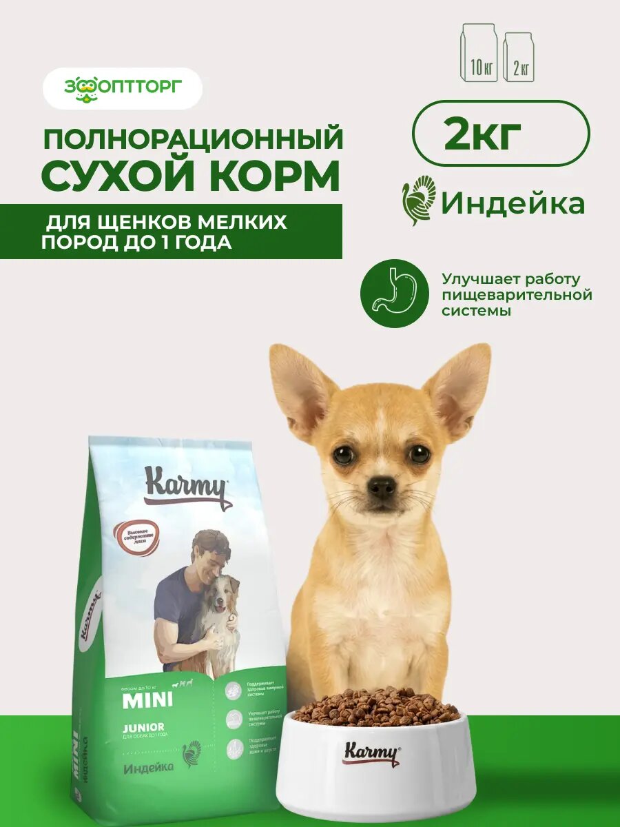 Сухой корм Karmy Mini Junior для щенков мелких пород Индейка, 2 кг.