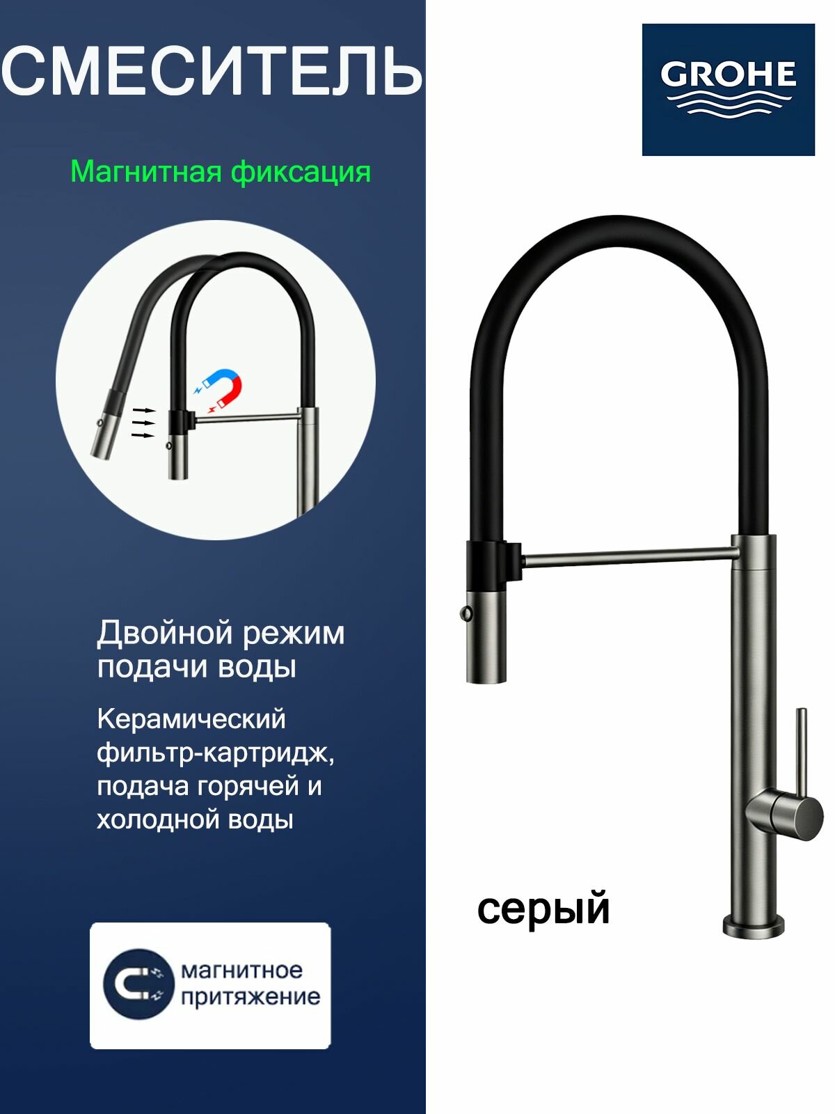 Кухонный смеситель GROHE магнитный выдвижной, два режима воды, керамический картридж