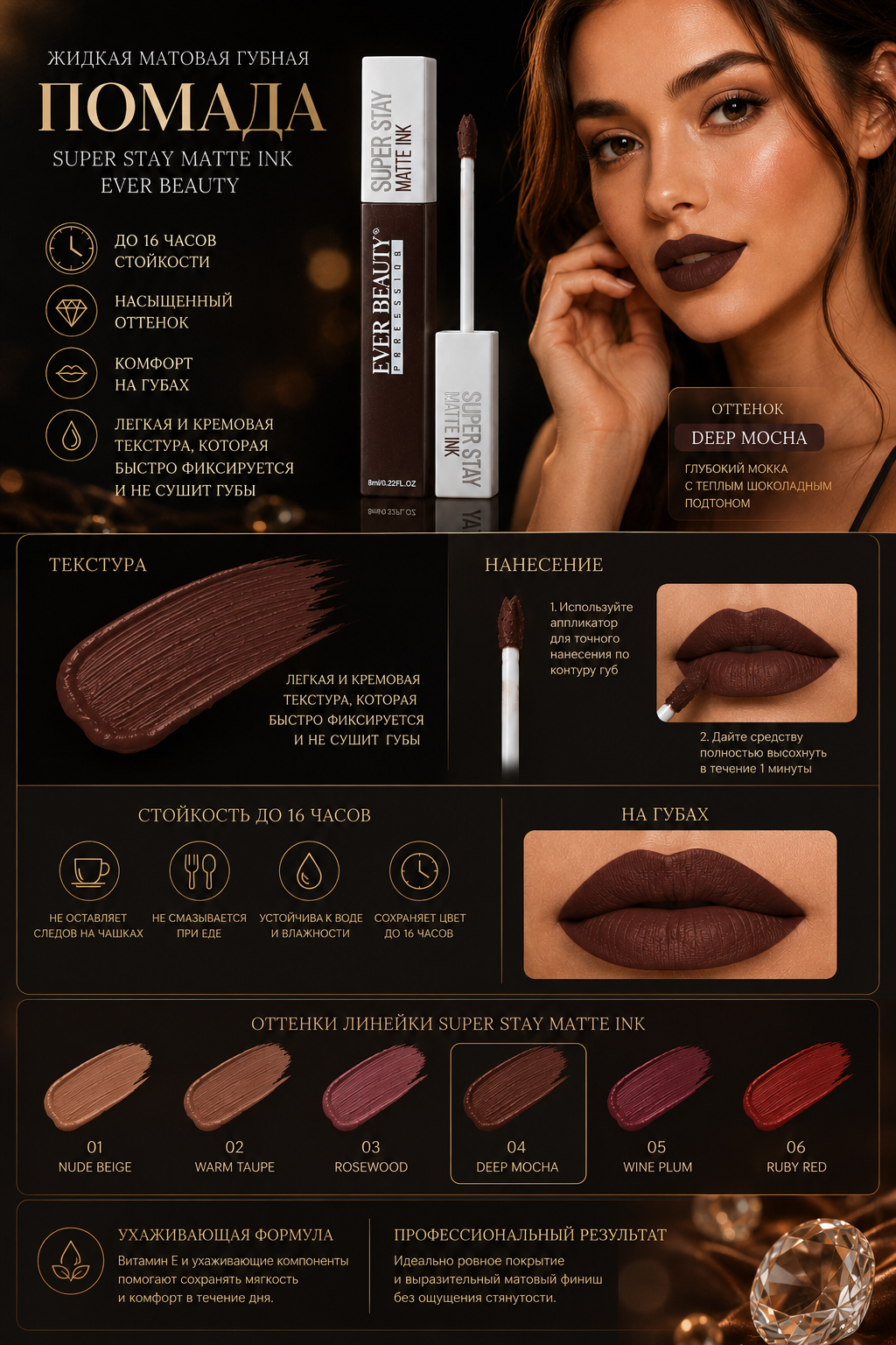Помада Ever Beauty "Super Stay Matte", жидкая, коричневая, матовая, 5 мл — фото 1