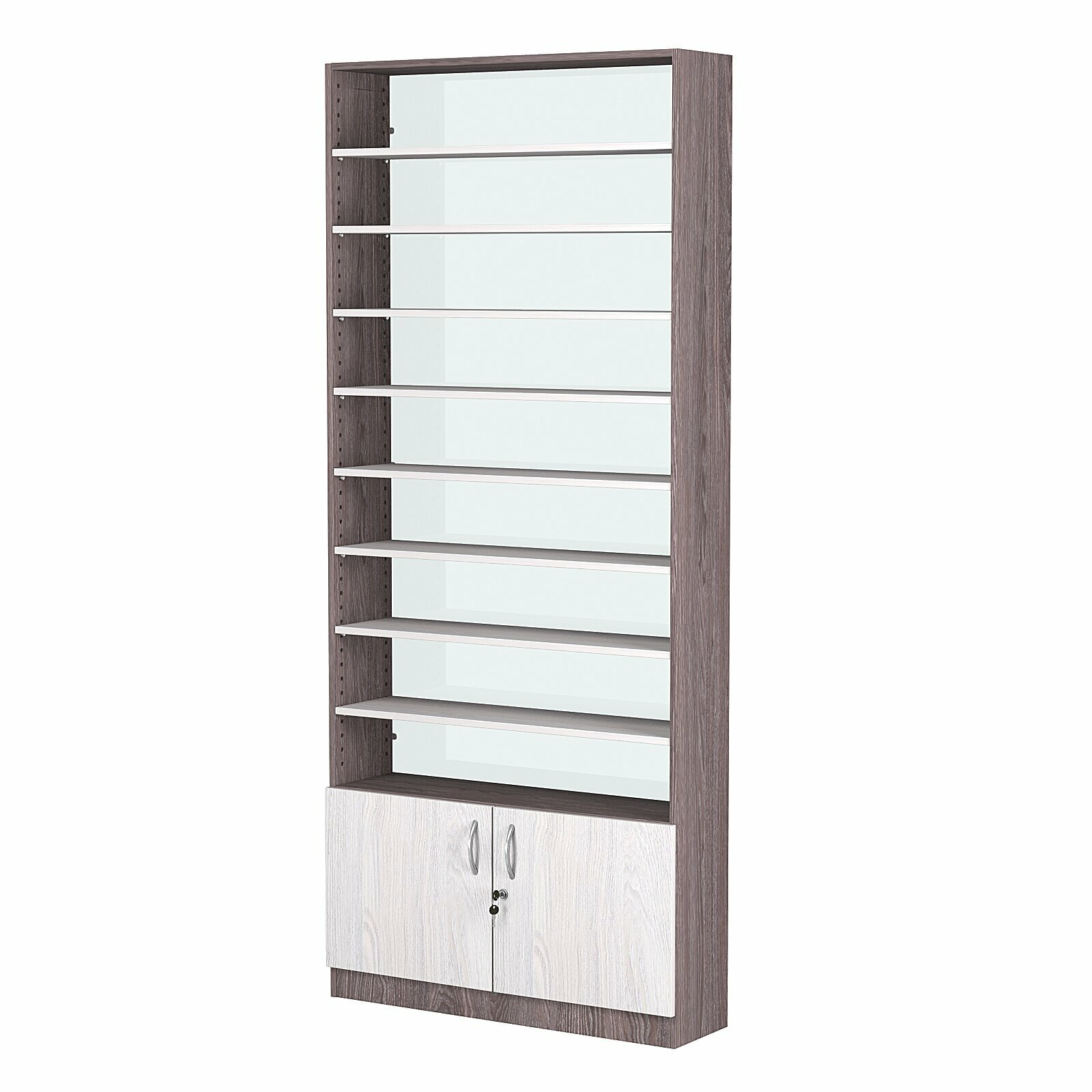 Стеллаж из ДСП с 8-ю полками 250x900 мм серии LEVEL-8 №11-1 (З/C - стекло), Ясень Анкор темный + Ясень Анкор светлый