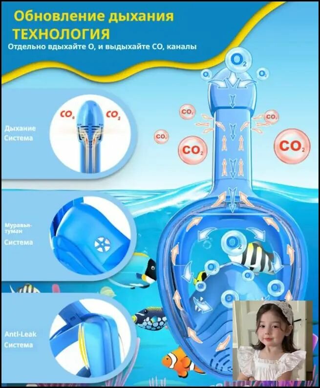 Маска для плавания EasyBreath синего цвета, размер XS, стандартная конструкция с трубкой 5 см