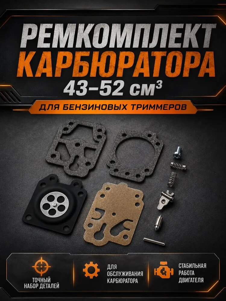 Ремнабор карбюратора для бензокосы 43-52 см, мембраны прокладки жиклеры для триммера