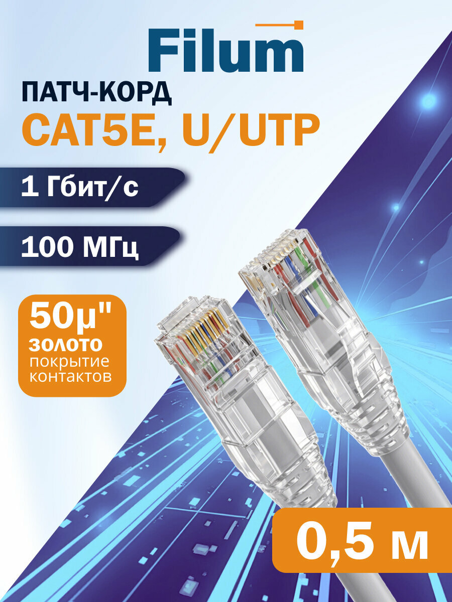 Кабель патч-корд U/UTP 5e кат. 0.5м Filum FL-PC-U5E-0.5-LSZH-GY 24AWG (7х0.20 мм), чистая медь, LSZH, серый