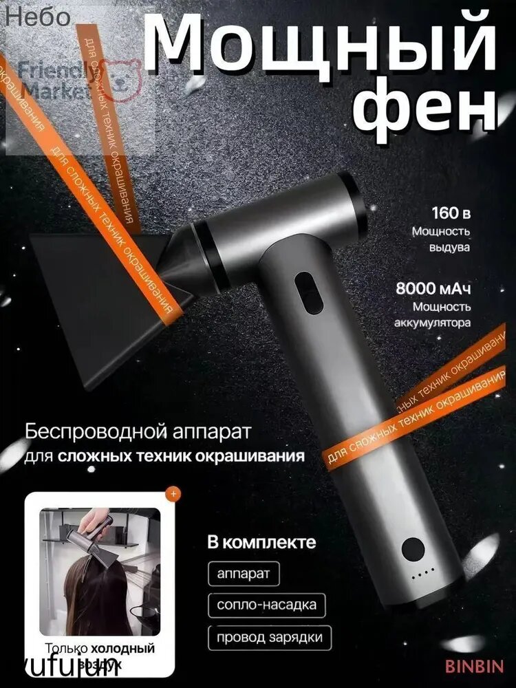 Фен-щетка для волос mzm-20260316134350505 160 Вт, скоростей 120000, кол-во насадок 5, черный, черный матовый