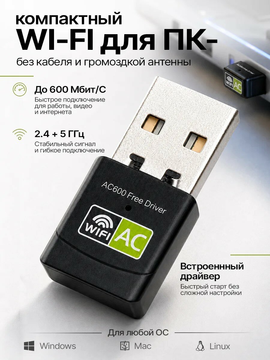 WIFI адаптер для компьютера AlisaFox Вайфай адаптер для пк 600 Мбит/с черный