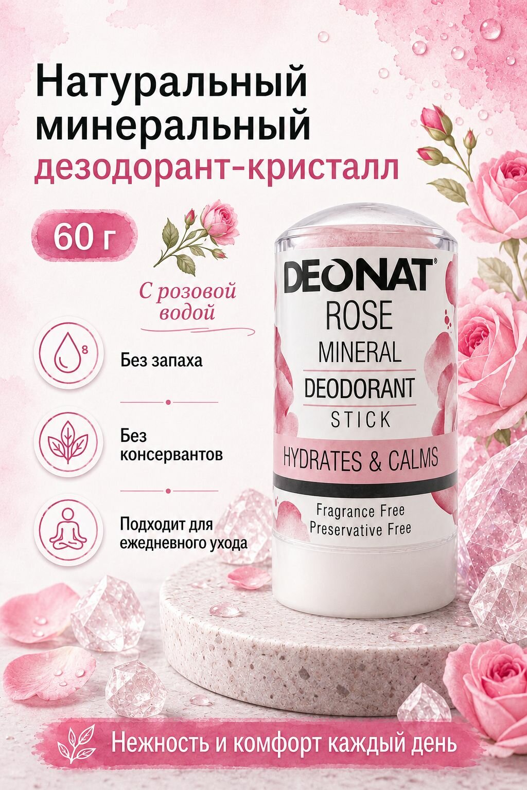 DeoNat/Дезодорант-Кристалл ДеоНат с розовой водой (экстракт цветков розы) , аммонийный , стик 60 гр.