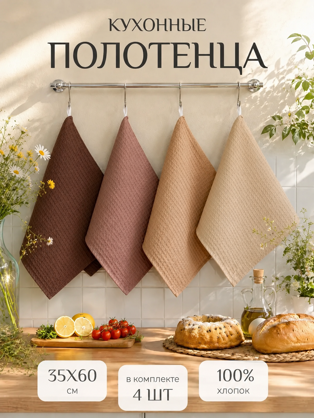 Кухонные полотенца набор 4 шт 35х60 см Павлина, вафельные, 100% хлопок, кофейный