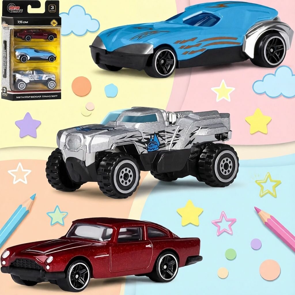 Набор "AUTODRIVE" - 3 металлические машинки, для игр дома и на улице