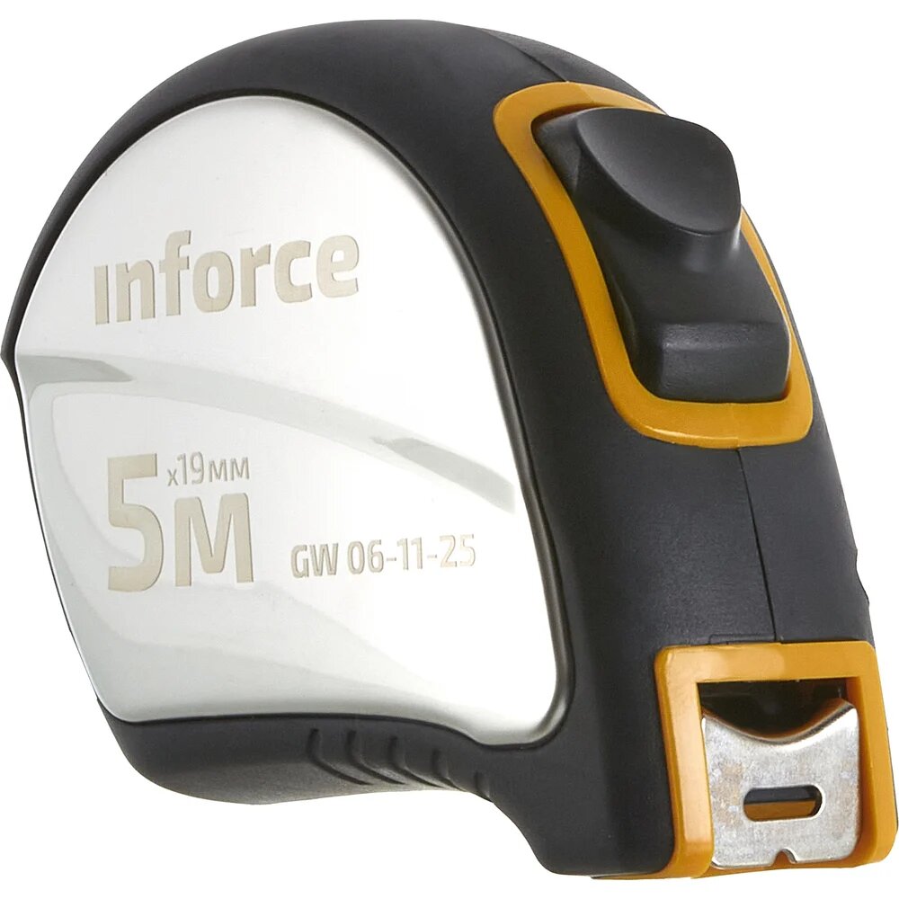 Рулетка Inforce GW 06-11-25 нержавеющий корпус, автостоп, лента 5 м × 19 мм с клипсой для ремня – измерительная лента