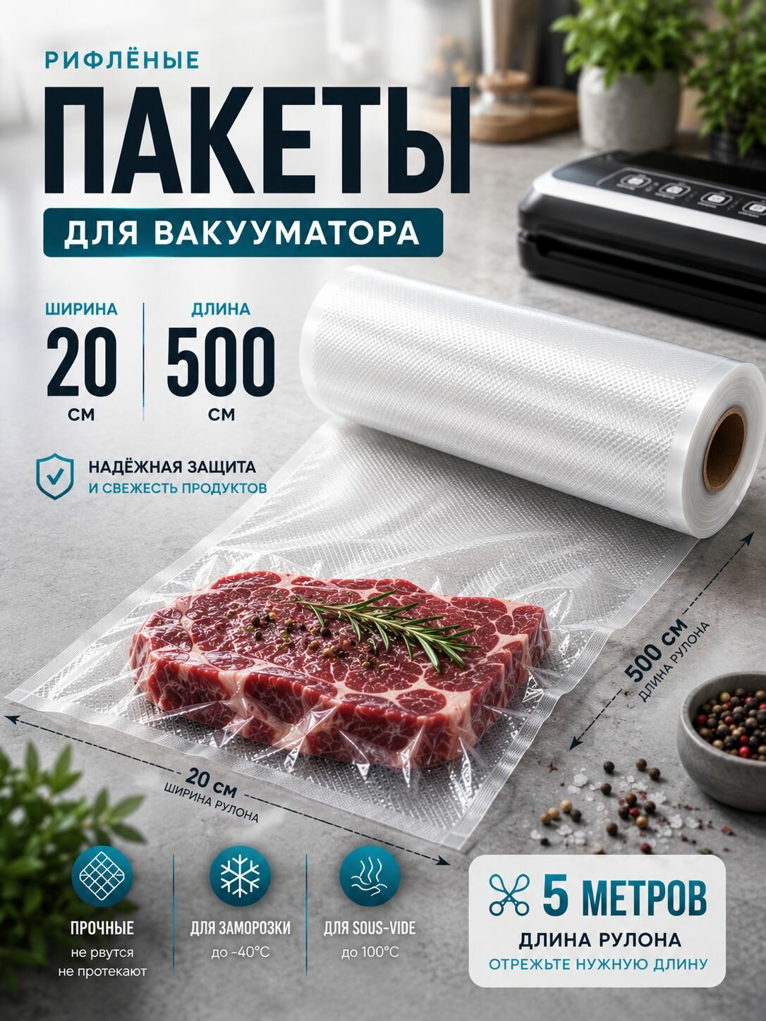 Пакеты для вакууматора рифленые / рулон / пакеты для вакууматора 20 см / 20 х 500 см