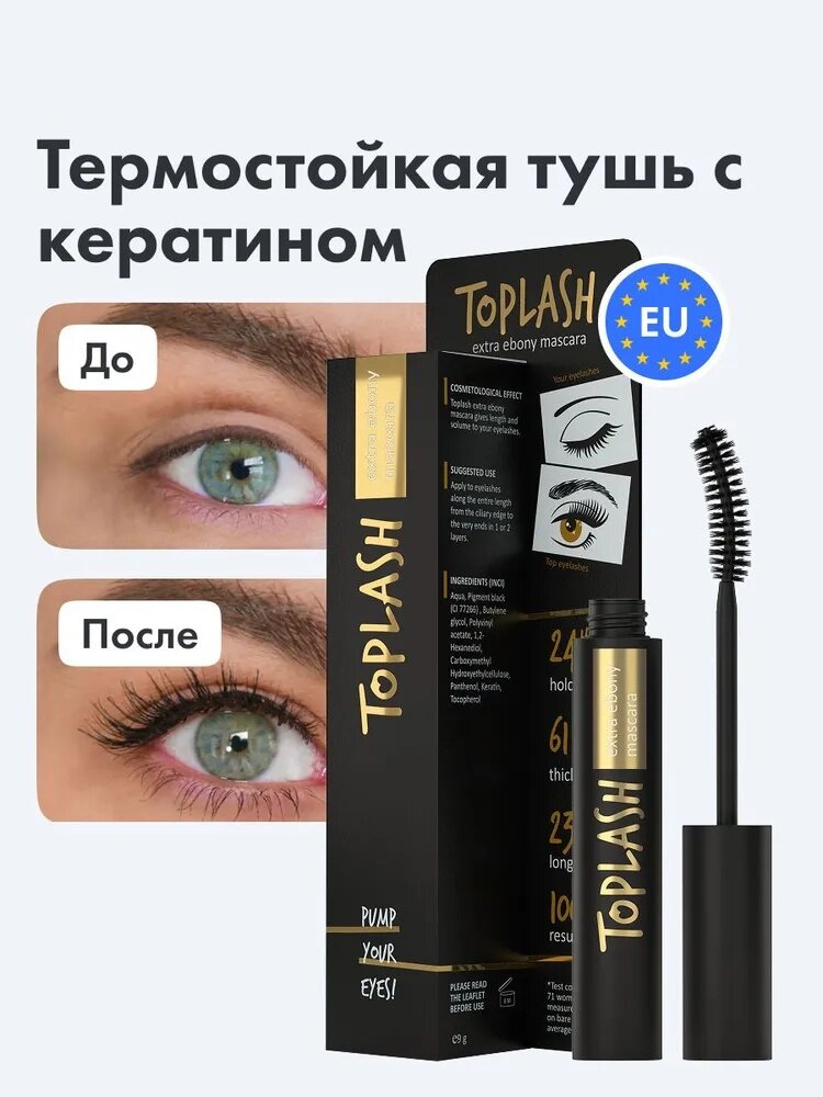 Тушь для ресниц TOPLASH 6 мл, экстра черная тушь с кератином и витамином Е.