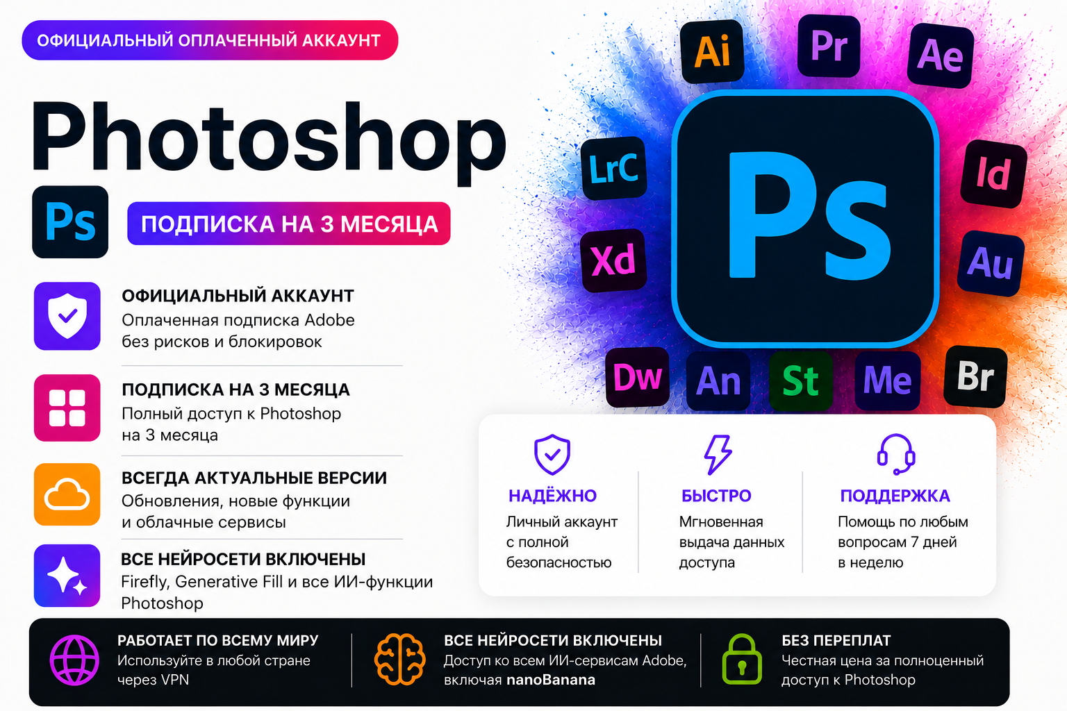 Adobe Photoshop готовый оплаченный аккаунт с подпиской на 3 месяца, нейросети Nano Banana и др, 4к кредитов