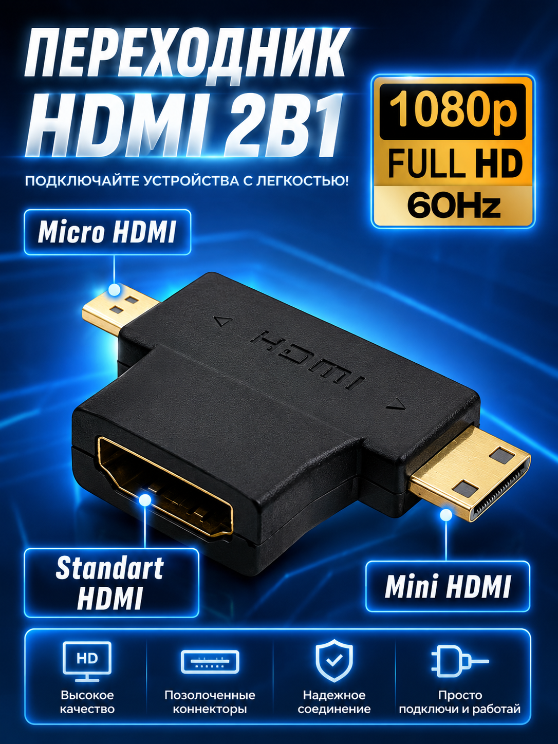 Переходник HDMI + mini HDMI + micro HDMI