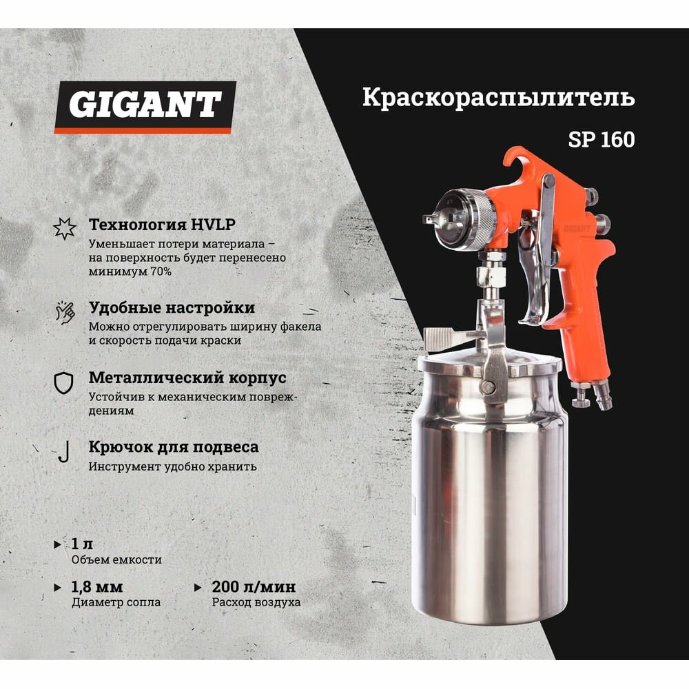 Краскораспылитель (сопло 1,8 мм; бачок 1 л, HVLP) Gigant SP 160 — фото 1