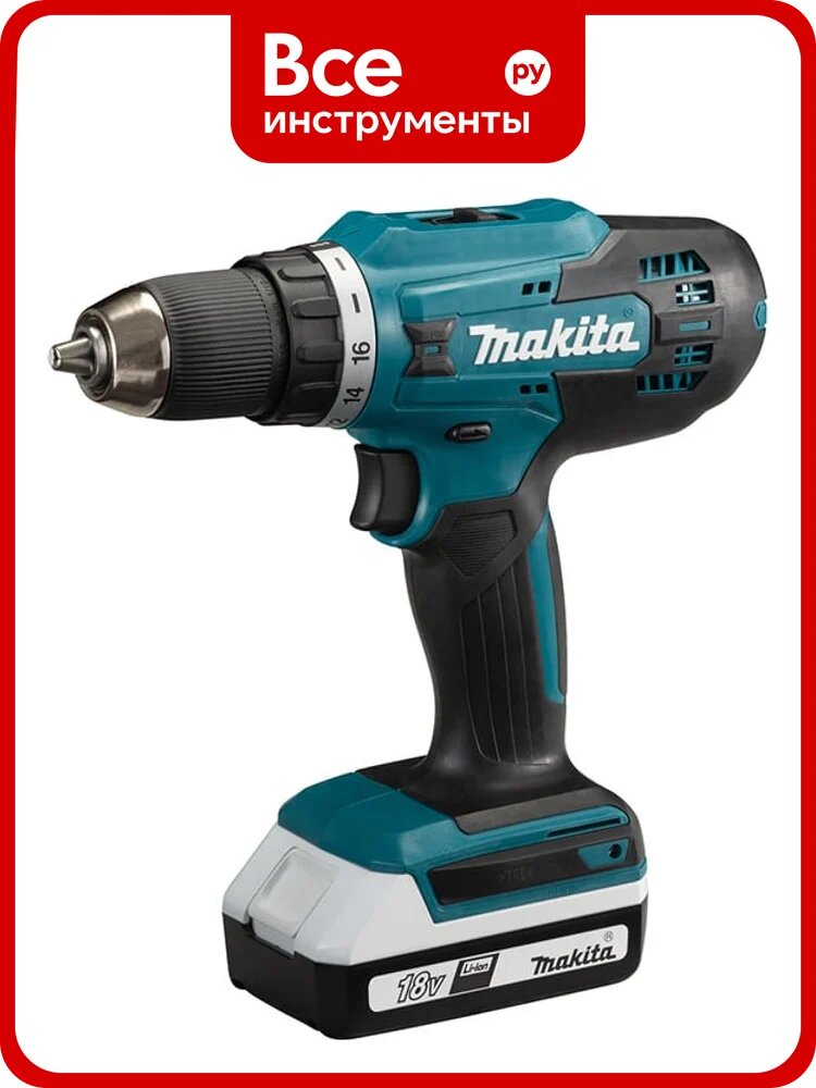 Дрель-шуруповерт Makita аккумулятор G-серия 18 В, 13 мм, 42/24 Нм (2x1,5Ач, з/у) DF488D002, 1,7 кг, резиновый