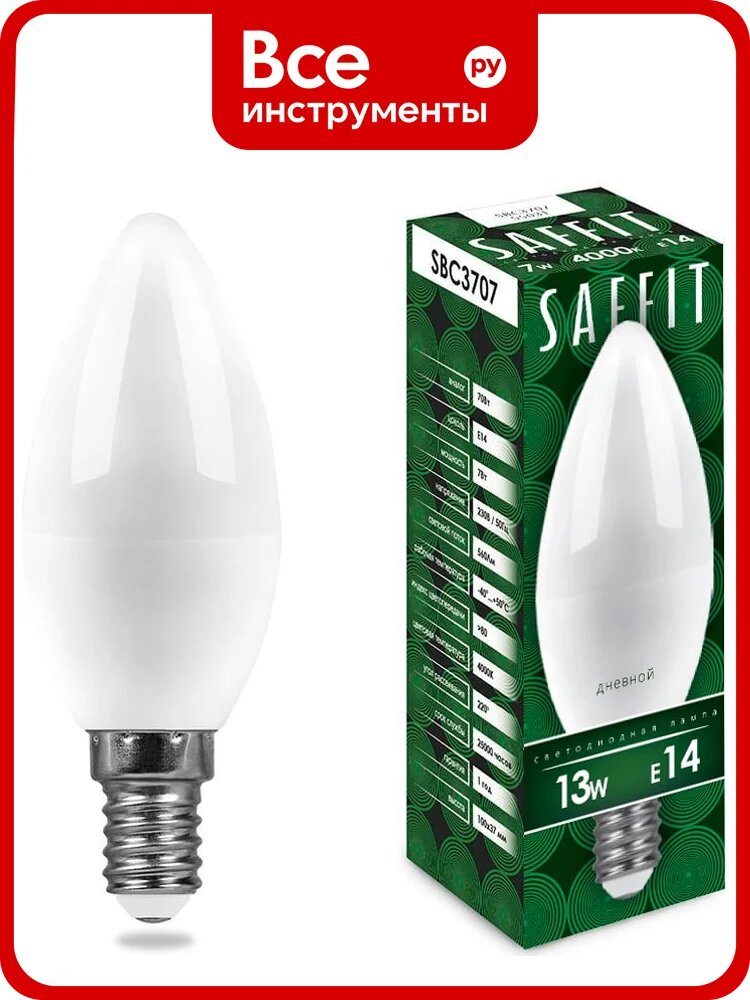 Светодиодная лампа SAFFIT SBC3713 тип свеча E14, холодный белый свет, класс энергосбережения A, общее освещение