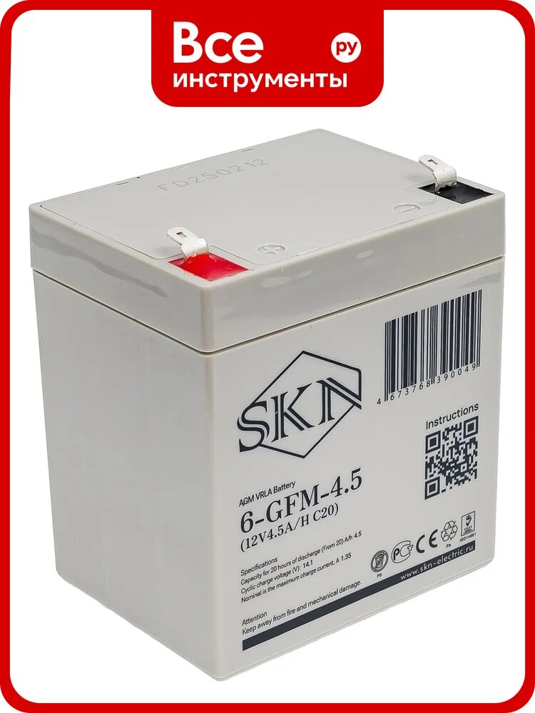 Аккумулятор для ИБП SKN 6-GFM-4.5, 12V 4.5Ah, AGM, прямая полярность, размеры 90x70x106 мм, вес 1.6 кг, тип клемм