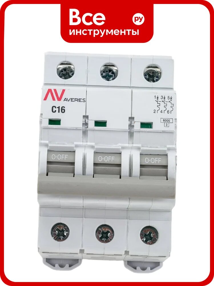 Автоматический выключатель EKF AVERES AV-6, 3P, 16A, C, 6kA, модульный тип, установка на DIN‑рейку, серый корпус