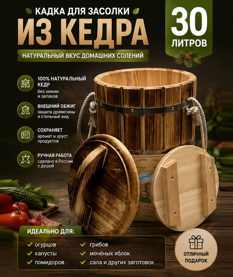 Кедровая кадка 30л с гнетом для засолки капусты, огурцов, помидор, грибов с внешним обжигом