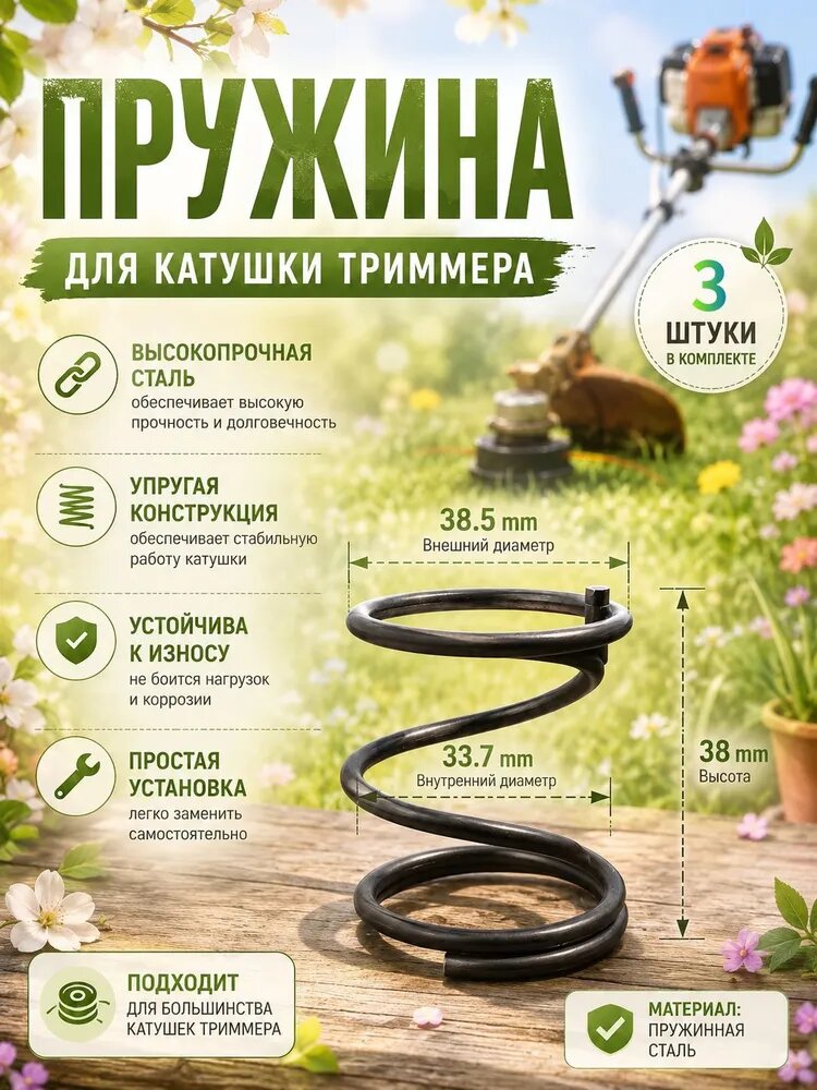 Пружина для катушки триммера 3 шт, пружинная сталь, для ремонта и замены триммерной головки, наружный диаметр 38,5 мм, внутренний диаметр 33,7 мм, высота 38 мм
