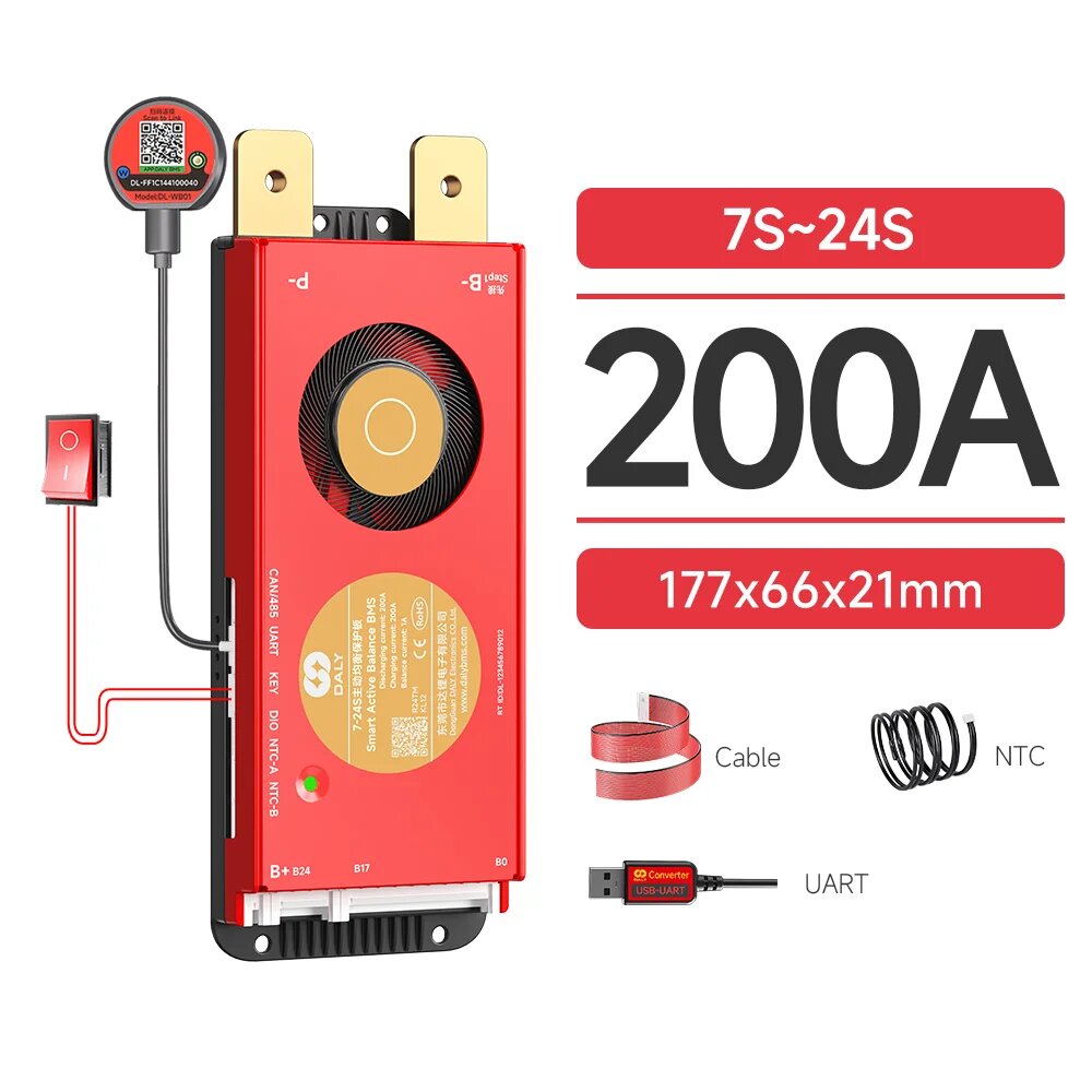 Активный BMS DALY Smart для LiFePO4 4S/8S/16S 24В/12В/48В 7S-24S 200A WIFI BMS