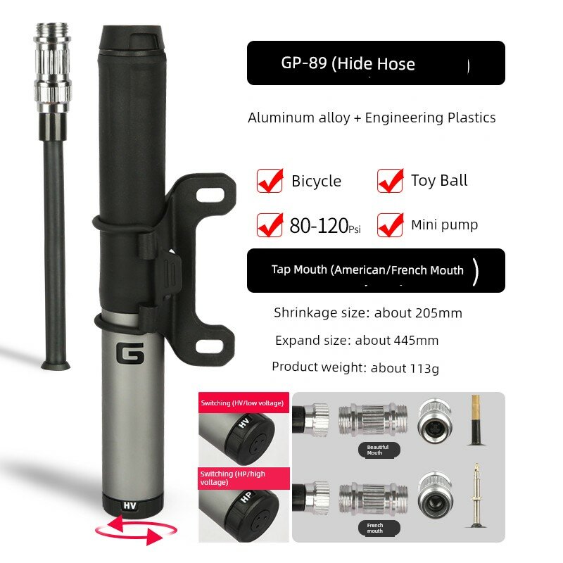 GIYO GP-89 Велосипедный насос с скрытым шлангом, среднее давление, коричнево-черный для горных велосипедов