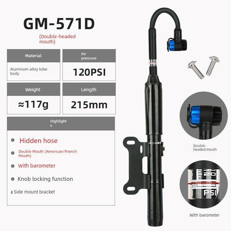 GIYO GM-571D Велосипедный насос с двойным носиком, манометр, черный для горных и дорожных велосипедов