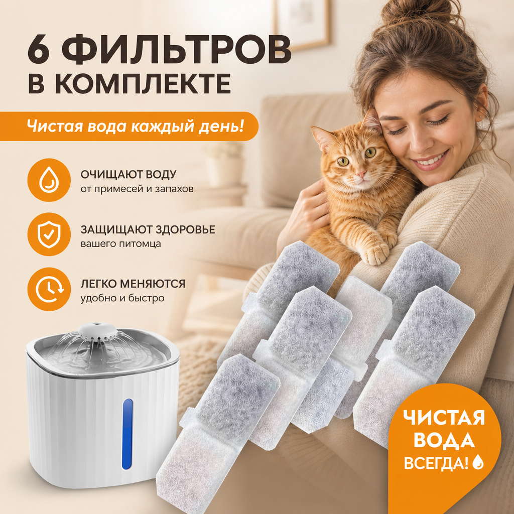 Автоматическая поилка-фонтан для питомцев, фильтр с активированным углем