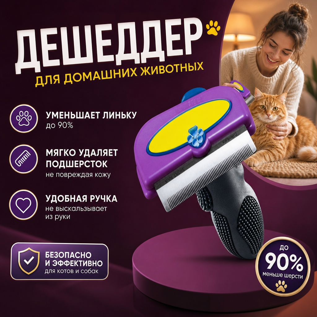 Фурминатор для вычесывания подшерстка кошек и собак, комфортный, эргономичный дизайн, нескользящий, профессиональный уход, удаление подшерстка
