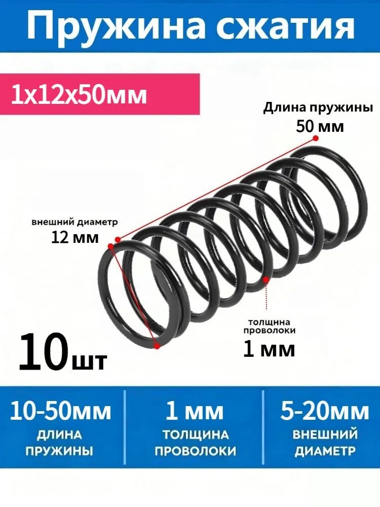 Компрессионная пружина из пружинной стали D 5-20мм d-1 мм L 10-50 мм 10 шт.