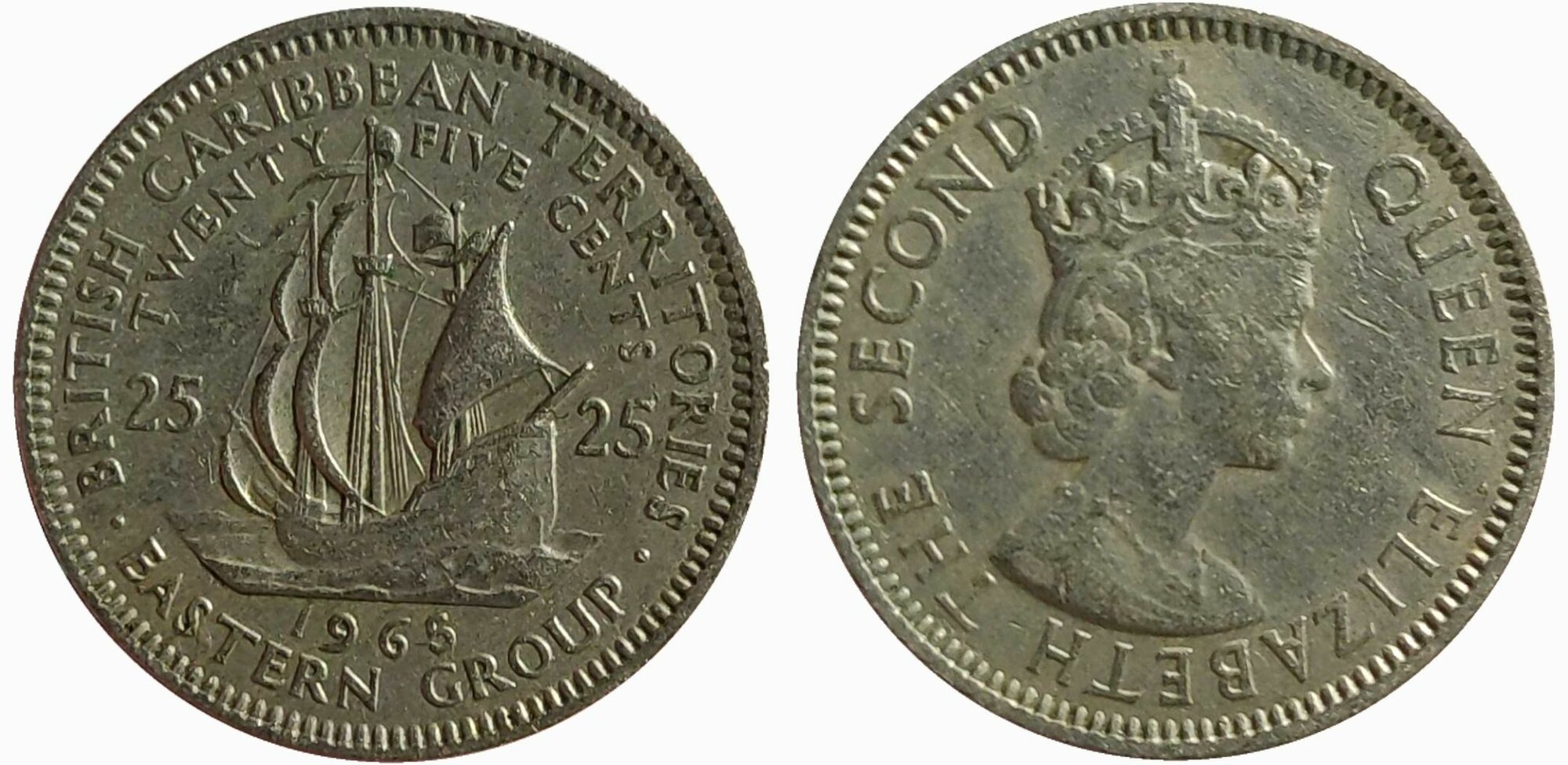 Восточные Карибы 25 центов, 1965 Королева Елизавета II VF