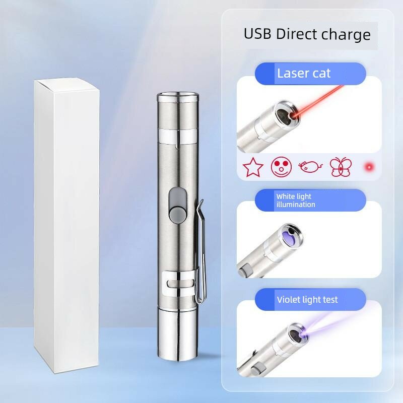 USB-перезаряжаемая игрушка для кошек лазерная указка с 5 узорами, фиолетовым светом и встроенным фонариком