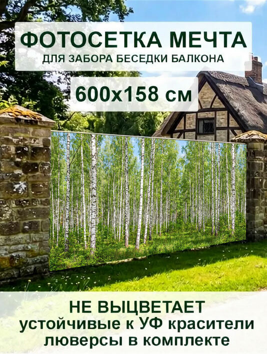 Фотосетка Мечта "Сделай сам" 600x158 см "Летняя березовая роща" для декора забора, беседки, бассейна