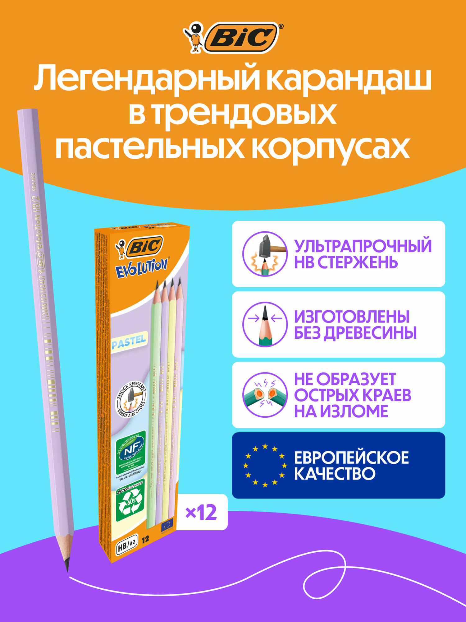 Карандаши чернографитовые BIC Пастель, грифель HB, 12 штук в упаковке