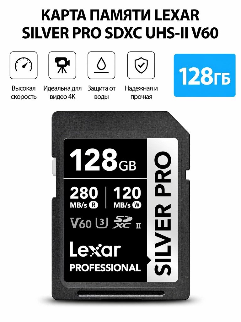 Карта памяти Lexar SDXC 128GB Professional Silver PRO UHS-II U3 V60