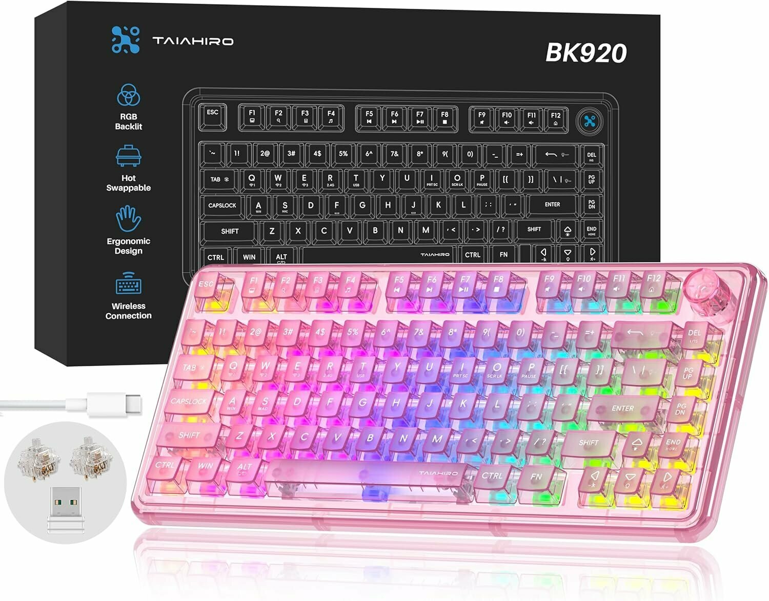 Механическая клавиатура с 83 клавишами, прозрачная игровая клавиатура с отключением звука, подключение Bluetooth 5.0 + USB + 2.4 G, подходит для компьютеров, ноутбуков, мобильных игр, беспроводная клавиатура на русском/английском языках.