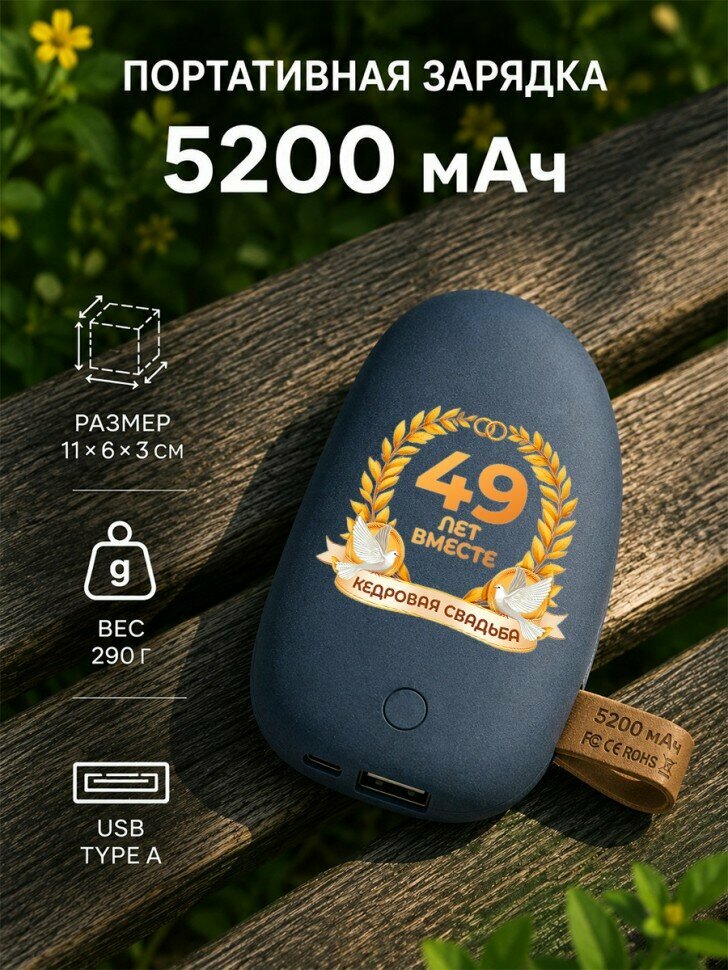 Внешний аккумулятор Pebble 5200 мАч c надписью 49 лет вместе Кедровая свадьба