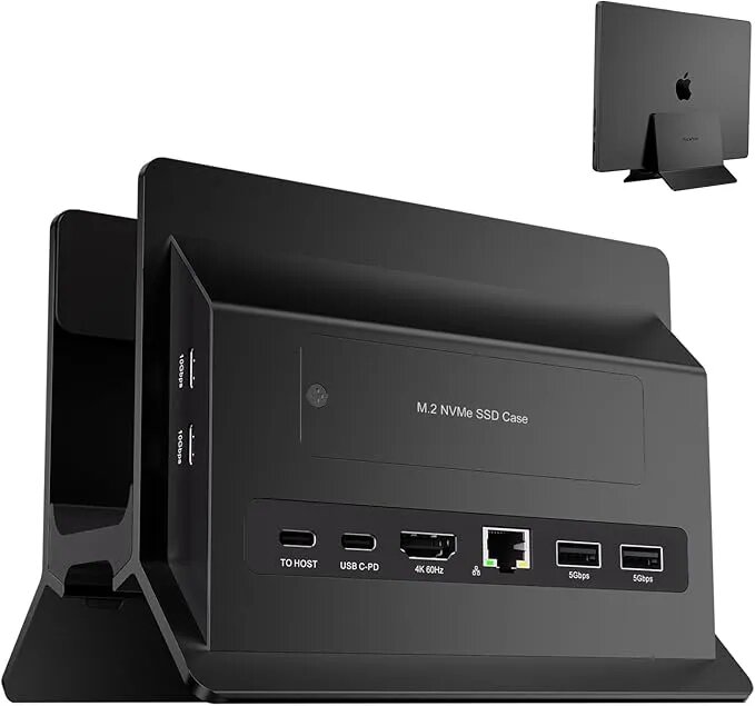 PULWTOP это вертикальная док-станция для MacBook mini с корпусом для M.2 NVMe SSD. Она также совместима с MacBook Pro/Air и поддерживает разрешение 4K@60Hz, HDMI, два порта USB-C 10 Гбит/с и т. д.