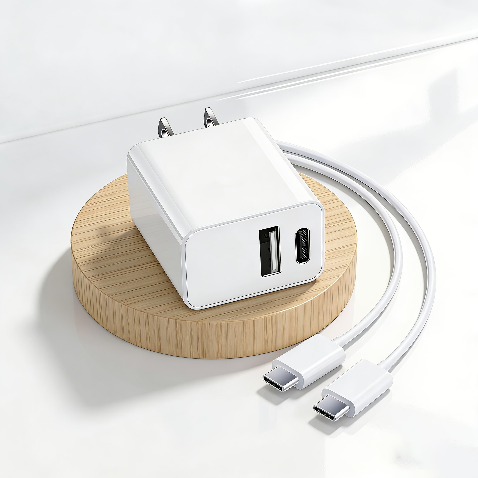 Сетевое зарядное устройство 10W с двумя портами USB-A и USB-C, интеллектуальная зарядка, вилка US, в комплекте кабель USB-C — USB-C