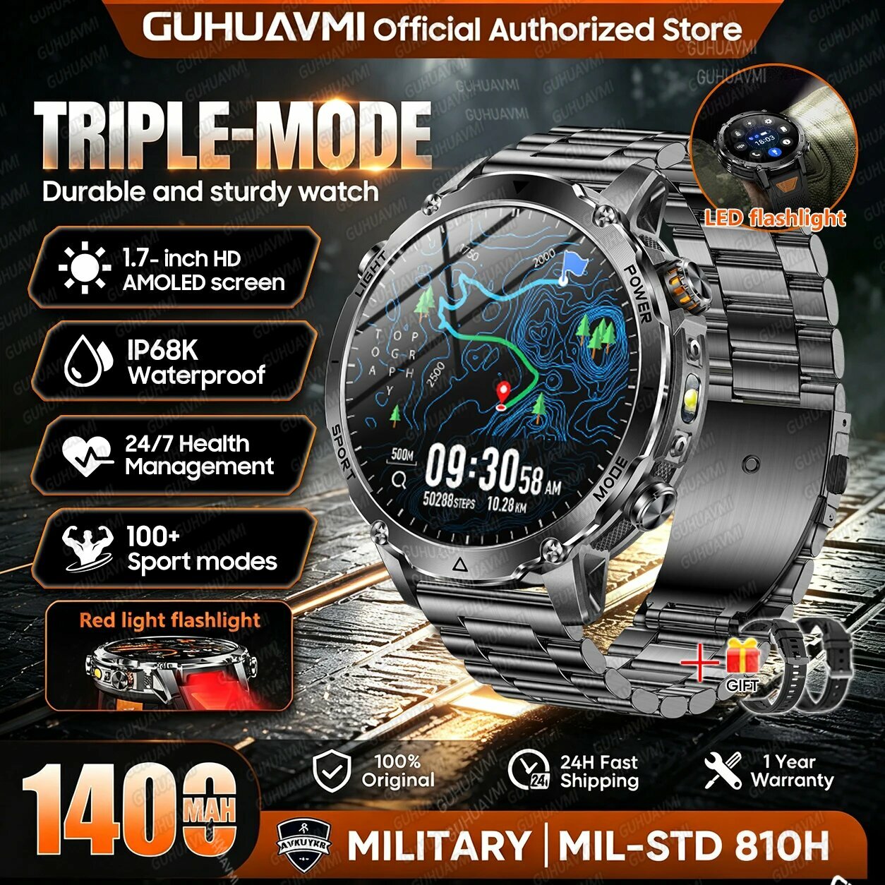 Мужские умные часы Triple-Mode Black Steel 2A